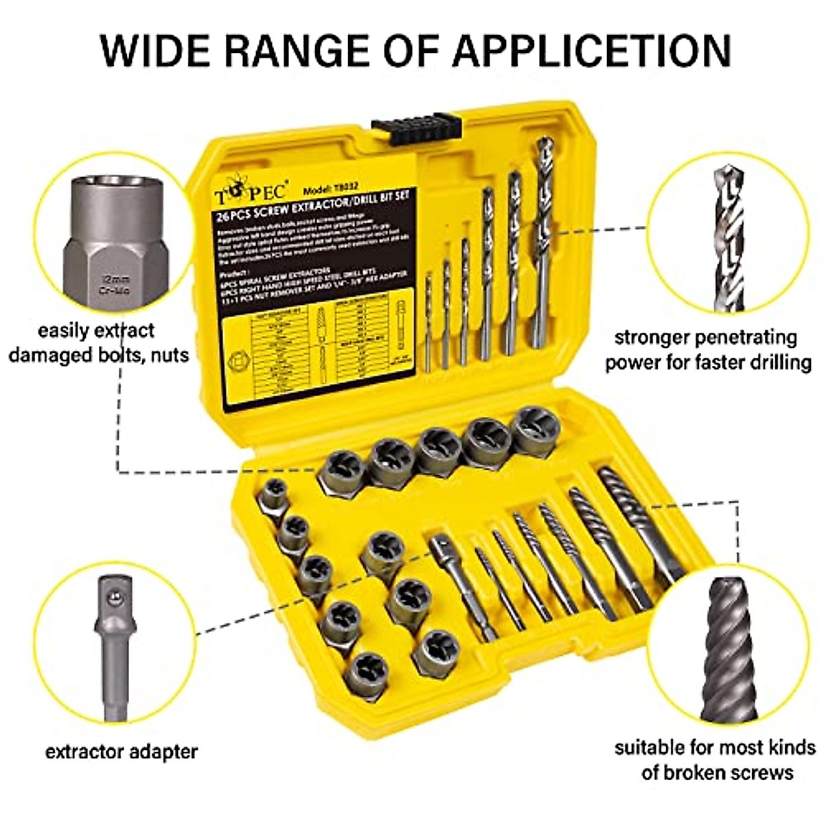 TOPEC Screw Extractor Set, 26 Piece Bolt Extractor Kit and Left Hand Drill Bit with Hex Adapter, Easy Out Stripped Lug Nut Remover Socket for Stripped, Damaged, Rounded-Off, Rusted Bolts, Nuts&Screws