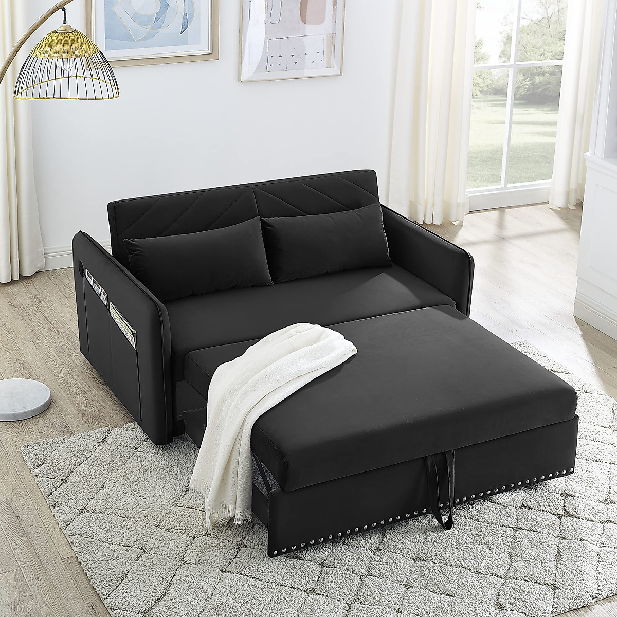 Miscoos Velvet Sleeper Sofa Bed with USB Port-3-in-1 Adjustable, Black