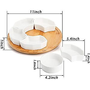 SOUJOY 11'' Lazy Susan Serving Tray, Porcelain Appetizer Divided Serving Dishes, Removable Relish Dishes with Silent Rotating for Chip, Dip, Veggies, Candy and Snack, Cheese, Party, 7 Pieces