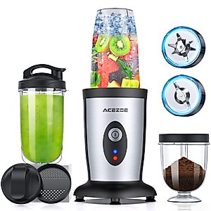Acezoe 850W Personal Blender for Shakes and Smoothies, 5 in 1 Blenders for Kitchen, with 6 fins Blade, 2x500ml Portable Bottle, 1 Grinding Cup, for Fruit, Juice, Vegatable, Easy to Clean-Silver