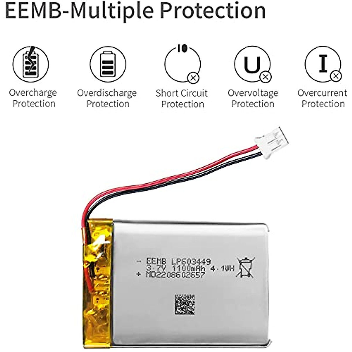 EEMB Lithium Polymer Battery 3.7V 1100mAh 603449 Lipo Rechargeable Battery with Wire JST 2.0mm Connector for Speaker and Wireless Device- Confirm Device & Connector Polarity Before Purchase