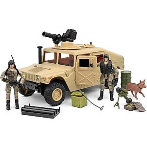 Click N' Play Military 20 Piece Play Set with Humvee Vehicle, Includes 2 Soldier Action Figures, Missile Launchers, Rifles, and More, Army Playset for Boys 6+,Tan