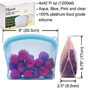 Elkanah Stand Up Food Grade Silicone Reusable Storage Bag Quart 42fl oz Freezer Bags Silicone for Food Storage -Leakproof, Microwave, Oven, Sous Vide & Dishwasher safe