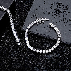 JINAO 1 Row AAA Gold Silver All Iced Out Tennis Bling Lab Simulated Diamond Bracelet (5mm Silver 8"