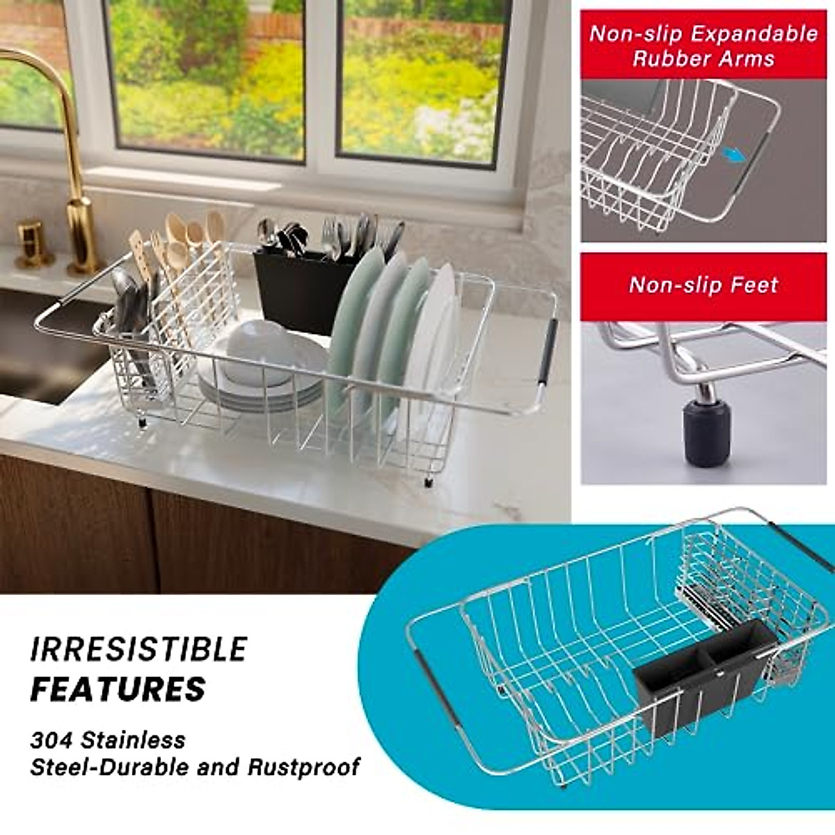 KESOL Over The Sink Drying Rack, Expandable Dish Rack with 2 Utensil Holders (1 Plastic & 1 Steel), 304 Stainless Steel Drying Rack for Kitchen Sink with Anti-Scratch Base, Rustproof Dish Drainer