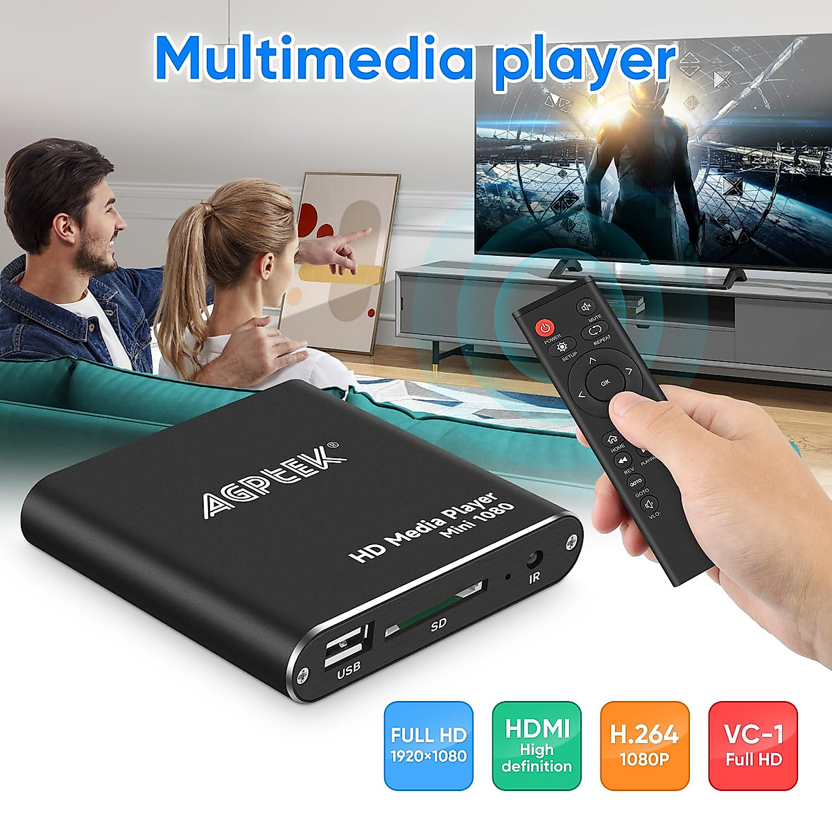 HDMI Media Player with One More Remote Control, Black Mini 1080p Full-HD Ultra HDMI Digital Media Player for -MKV/RM- HDD USB Drives and SD Cards