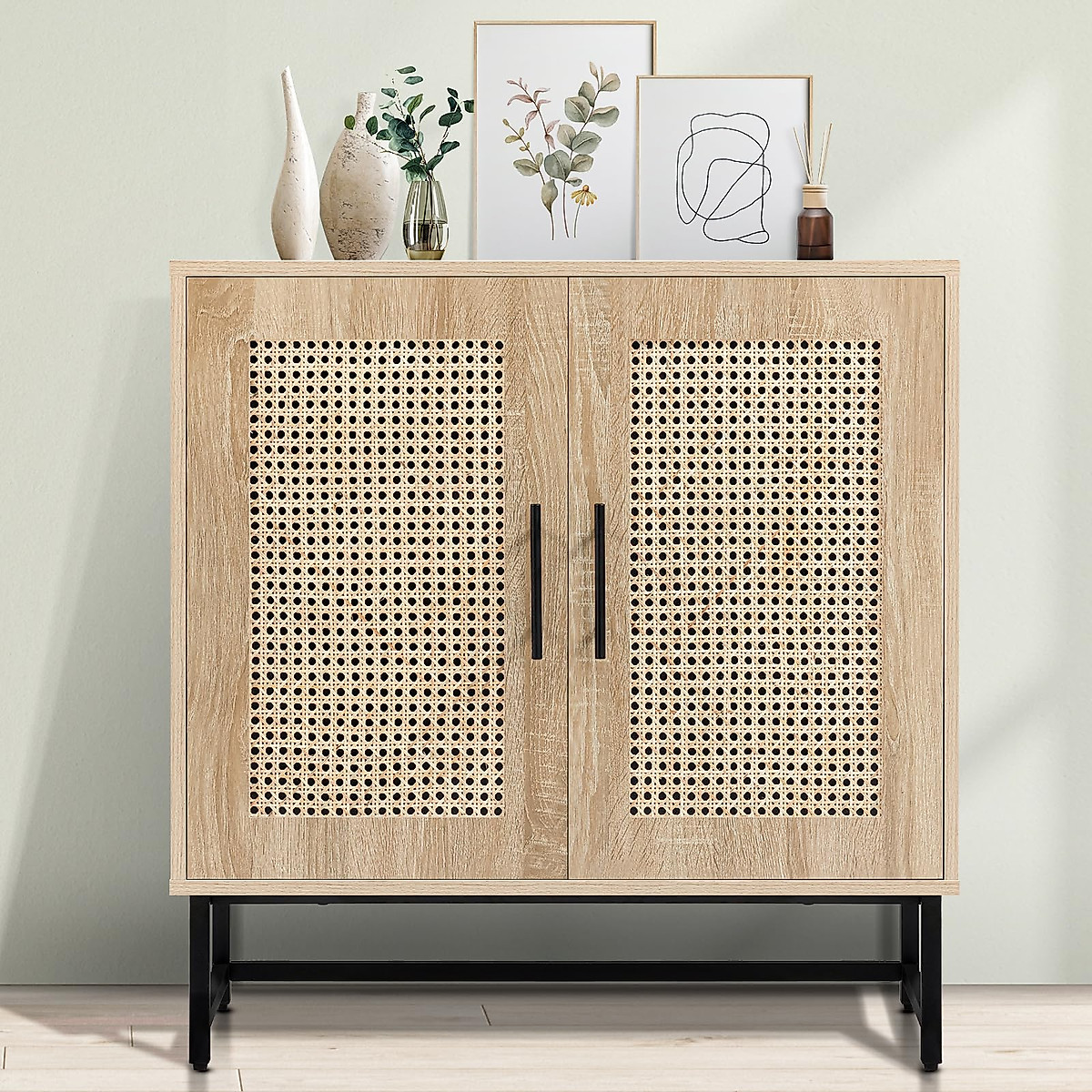KFO Storage Cabinet with Handmade Natural Rattan Doors, Rattan Buffet Cabinet, Sideboard for Living Room, Hallway, Dining Room, Entryway
