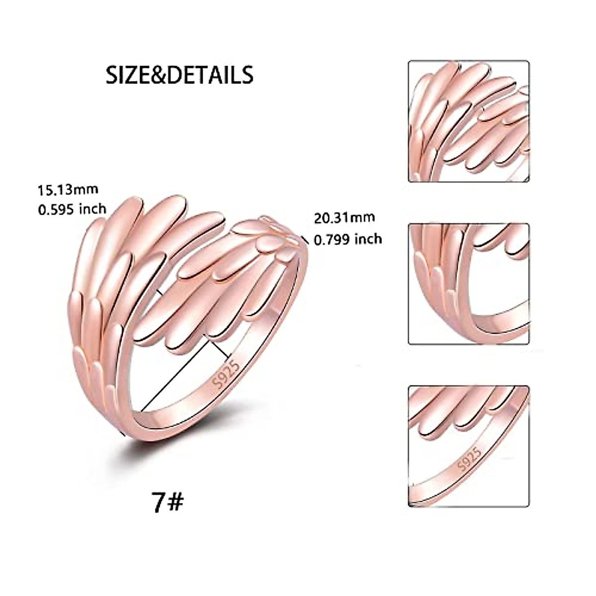 IOHUPCI Feather Angel Wings Adjustable Dainty White Gold Plated Sterling Silver Open Ring for Women/Men//Teens Gifts (Rose Gold)