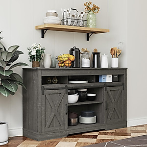 HEYNEMO Modern Farmhouse TV Stand for Televisions up to 65 Inch with Two Sliding Barn Doors and Storage Cabinets, Entertainment Center Console Table with Adjustable Shelves for Living Room Bedroom