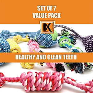 BK PRODUCTS LLC 7 Dog Chew Toys Made of All-Natural Cotton for Small Breeds and Puppies – Dog Rope Toy Set Stimulates Gums, Helps Fight Plaque and Relieves Boredom and Separation Anxiety