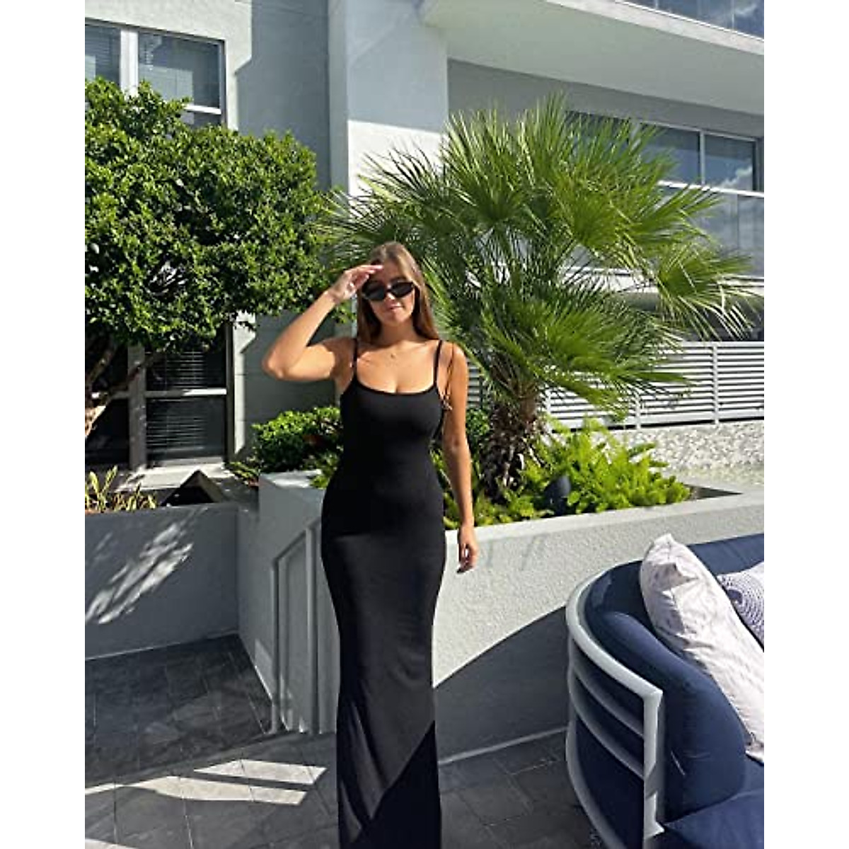 Popilush Shaper Maxi Bodycon Dress Built in Bra Bodysuit for Women Long Backless Slip Spaghetti Strap Dresses with Shapewear Black