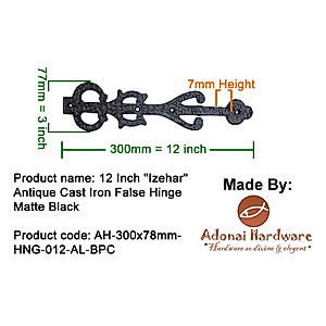 Adonai Hardware 12 Inch Izehar Heavy Duty Antique Aluminium Strap False/Faux/Dummy Hinge Fronts (4 Pack, Black Powder Coated) for Vintage Barn Doors, Gates, Furniture, Garage, Shutters and Fences