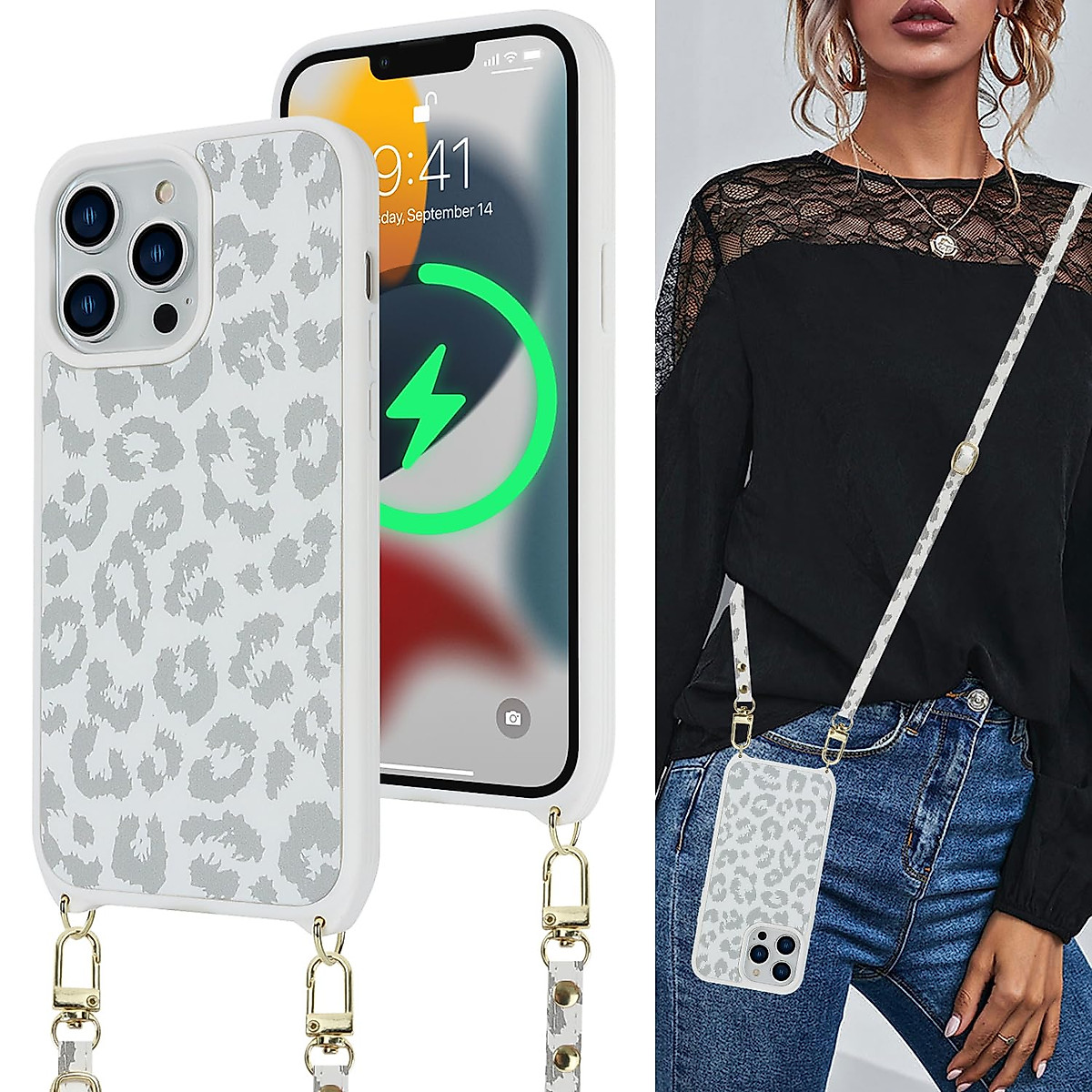 Cavor for iPhone 13 Pro Max Case,Compatible with Magsafe for Women,Crossbody Cases for iPhone 13 Pro Max with Strap Wireless Charging,Leopard Grain Full Body Shockproof Protective Case,White