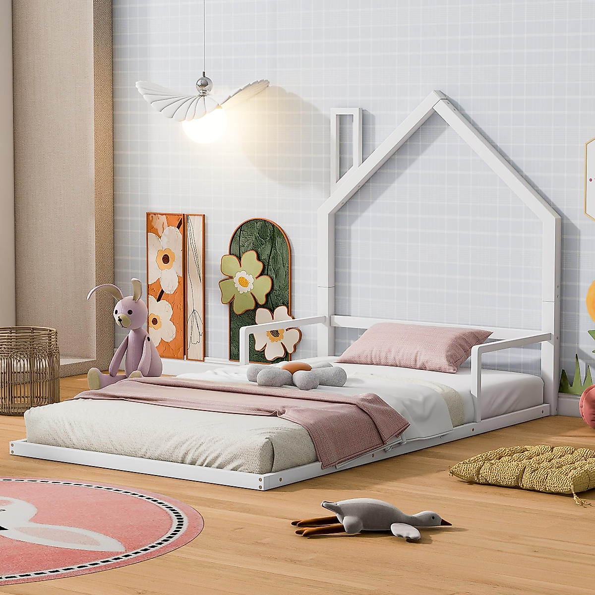 Bellemave Twin Floor Bed for Kids, Metal Twin Bed for Boys, girs, Twin Bed Frame with House-Shaped Headboard, Twin Size Montessori Floor Bed, White