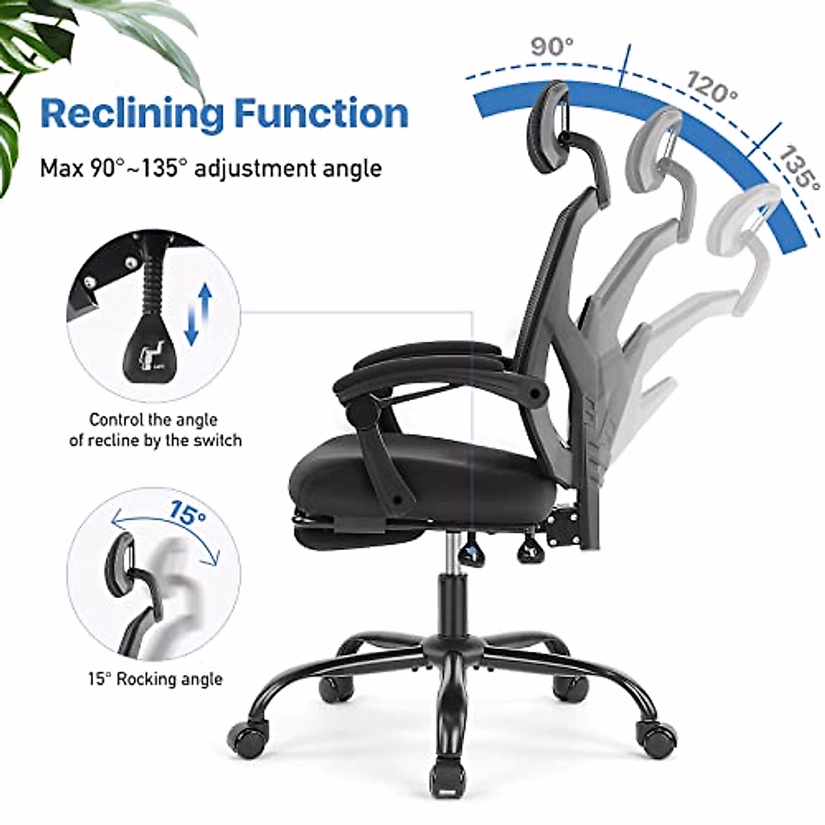 Ergonomic Home Office Chair High Back Executive Desk Chair with Armsrest and Adjustable Headrest, Mesh Computer Chair with Retractable Footrest and Lumbar Support (Black)