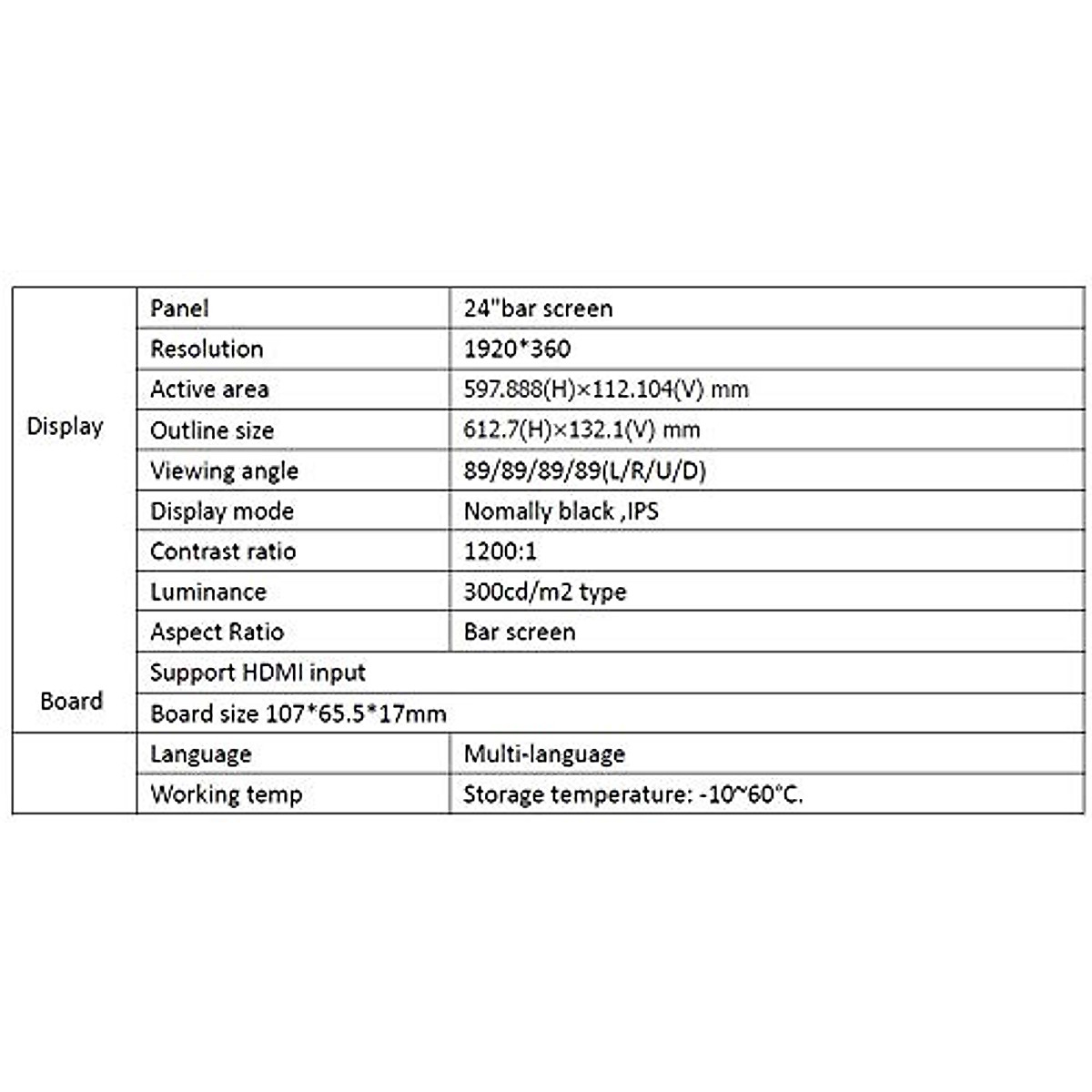 DHL/UPS for 24 inch 1920 * 360 Ultra Wide Stretched Bar LCD Advertising Display ， Ultra Stretched bar LCD Display Kits Outline Size 612.7(W)×132.1(H) mm