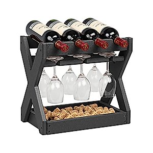 KORVOS Countertop Wine Racks with Glass Holder，4 Bottles Small Wine Rack,High-Density PE Tabletop Wine Bottle Holder for Kitchen, Living Room, Wine Cellar,Bar(Black Color)