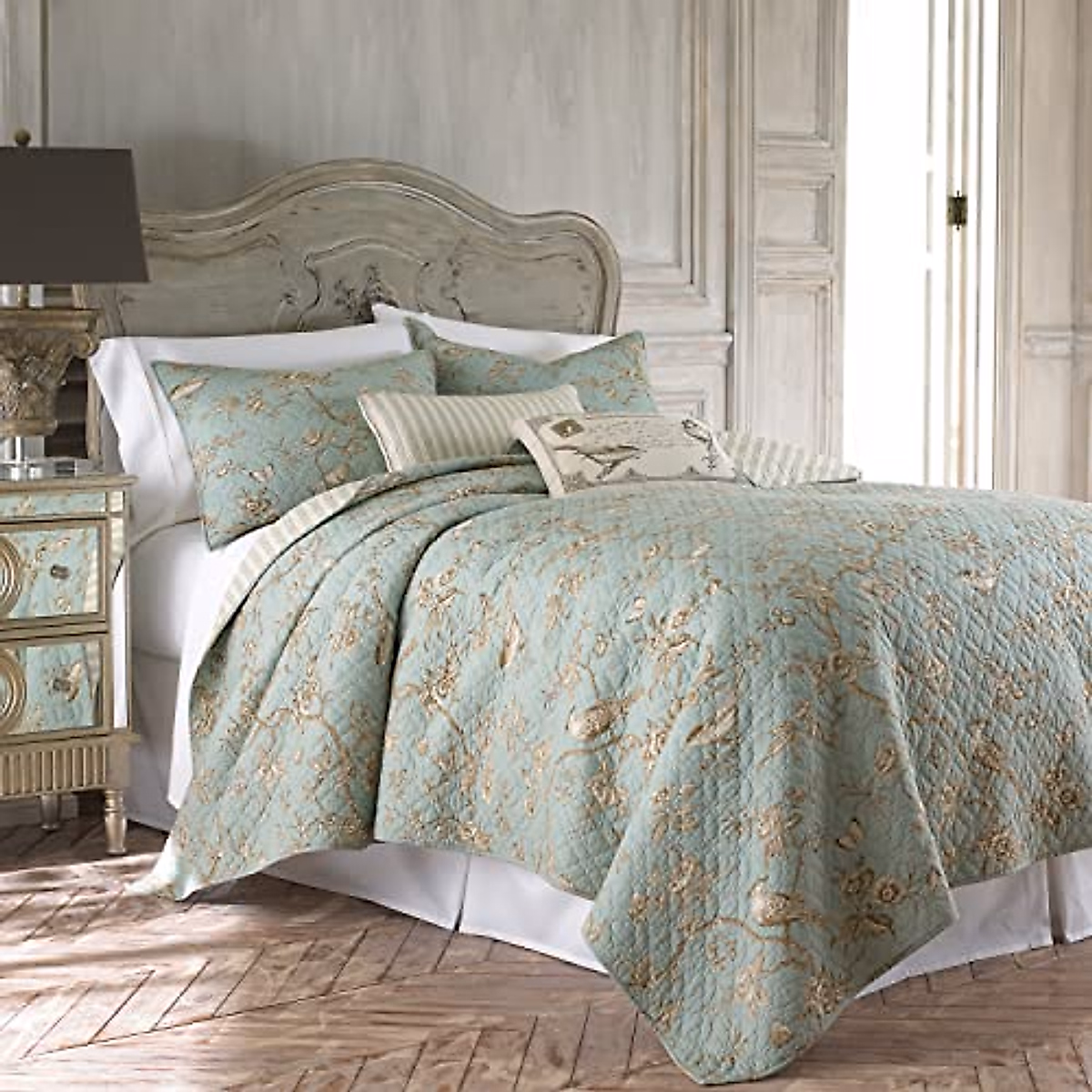 Levtex Home - Lyon Teal Quilt Set - King/Cal King Quilt + Two King Pillow Shams - Bird Toile - Teal, Brown, Cream - Quilt Size (106x92in.), Sham Size (36x20in.) - Reversible - Cotton Fabric