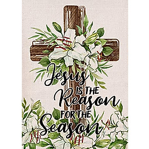 Covido Home Decorative Jesus is the Reason for the Season Easter Garden Flag, Religious Cross Lily Flowers Yard Outside Decorations, Outdoor Small Decor Double Sided 12x18