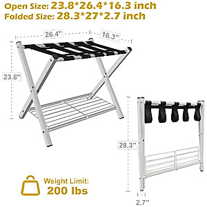 mocomax 1 Pack Folding Luggage Rack for Guest Room, Foldable Suitcase Stand Holder with Metal Storage Shelf for Bedroom, Living Room, Hotel Essentials, Heavy Duty Steel Frame, White
