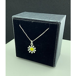 Sterling Silver Ladies Yellow White Enamel Daisy Flower Necklace for Women