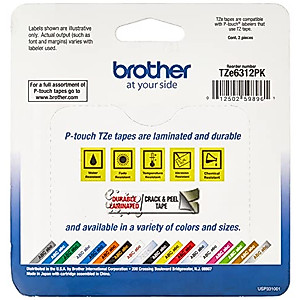 Brother Genuine P-Touch, TZe-6312Pk Tape ½” (12mm) 2-Pack Laminated P-Touch Tape, Black On Yellow Perfect for Indoor Or Outdoor Use, Water Resistant, 26.2 Ft. (8M)