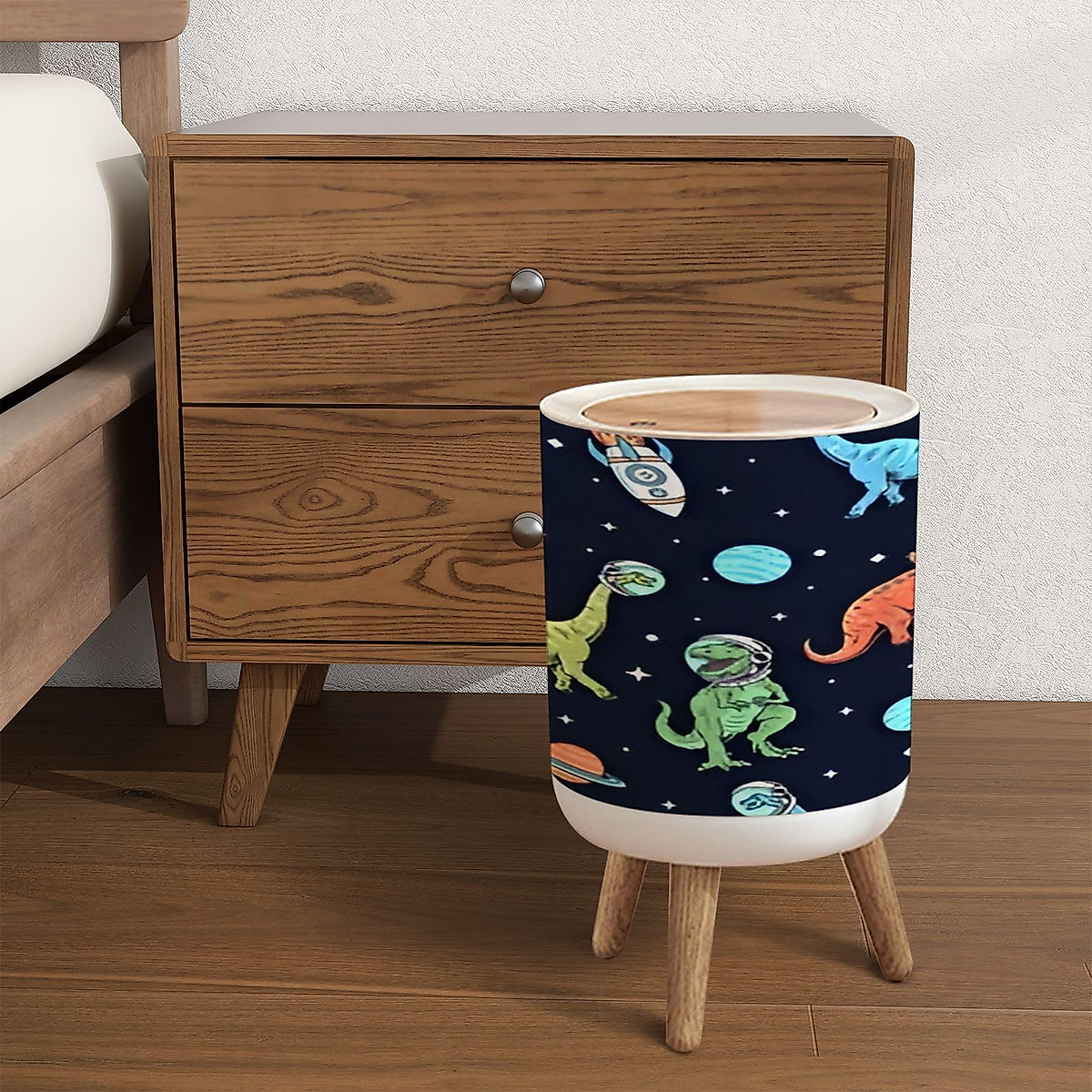 Trash Can with Lid Dinosaurs space seamless pattern Hand drawn dinosaur cartoons space Garbage Can Round Waste Bin Press Cover Dog Proof Wastebasket for Kitchen Bathroom Living Room Nursery 1.8gal
