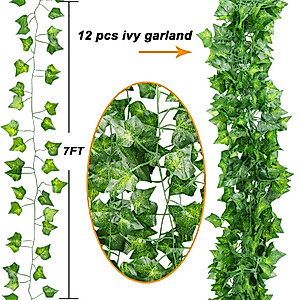 ElaDeco 12 Strands Artificial Ivy Fake Vines Plants Hanging Garland for Home Kitchen Garden Wall Wedding Party Decoration, 84 Ft, Green