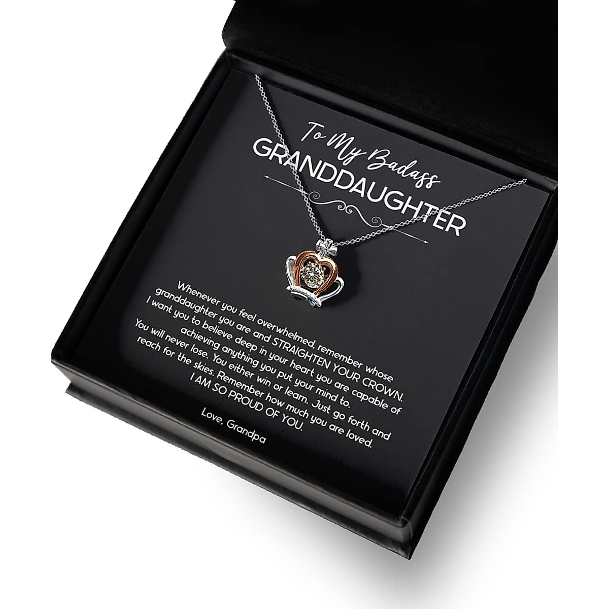 to My Badass Granddaughter Gifts, I Am So Proud of You, Crown Pendant Necklace for Women, Birthday Jewelry Gifts from Grandpa