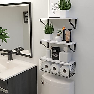 DOLLFIO Floating Shelves for Bathroom with Basket, Wooden Wall Shelves, Floating Shelves for Wall Décor, Wall Mounted Floating Shelf for Bathroom, Floating Shelf for Wall, Bedroom, Living Room–White