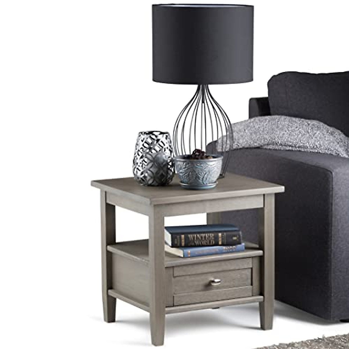 SIMPLIHOME Warm Shaker SOLID WOOD 20 inch wide Rectangle Rustic End Side Table in Farmhouse Grey with Storage, 1 Drawer and 1 Shelf, for the Living Room and Bedroom