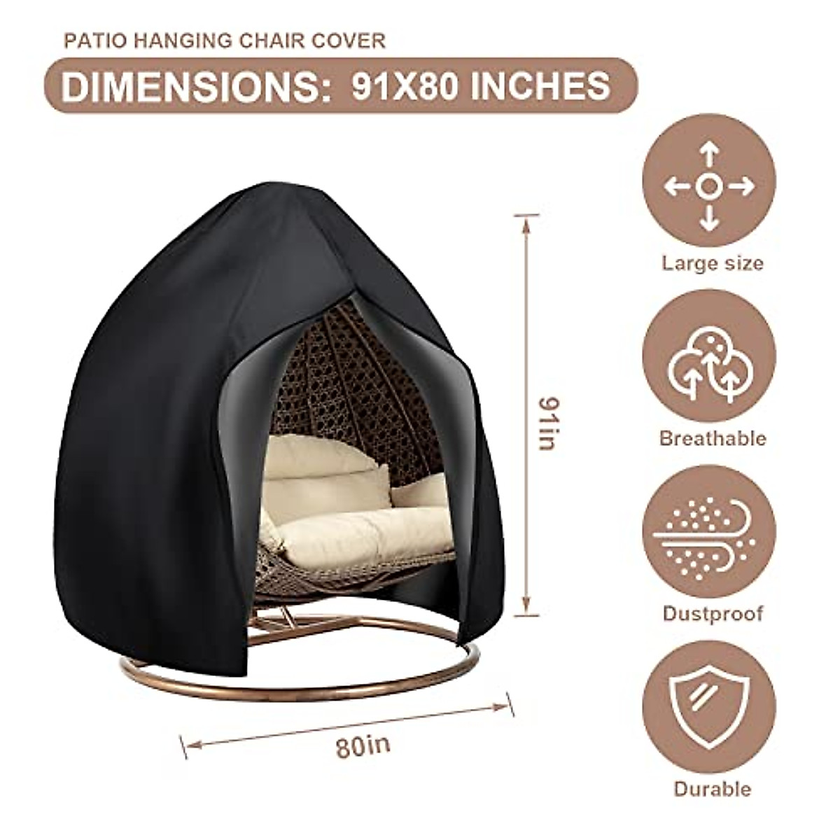 skyfiree Patio Hanging Chair Cover 91X80 inches Large Double Wicker Egg Chair Cover Waterproof Garden Outdoor Swing Chair Pod Chair Swingasan Cover Black