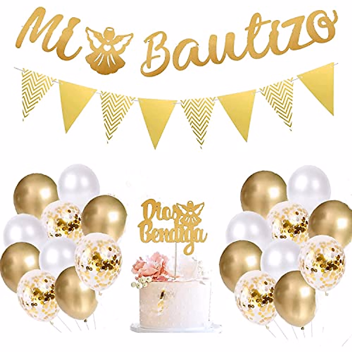 SHL Gold Glitter Mi Bautizo Party Decorations set with Glitter God Bless Cake Topper Triangle Flag Mi Bautizo Banner Balloons for Baby Baptism First Communion Baby Shower Party Decorations