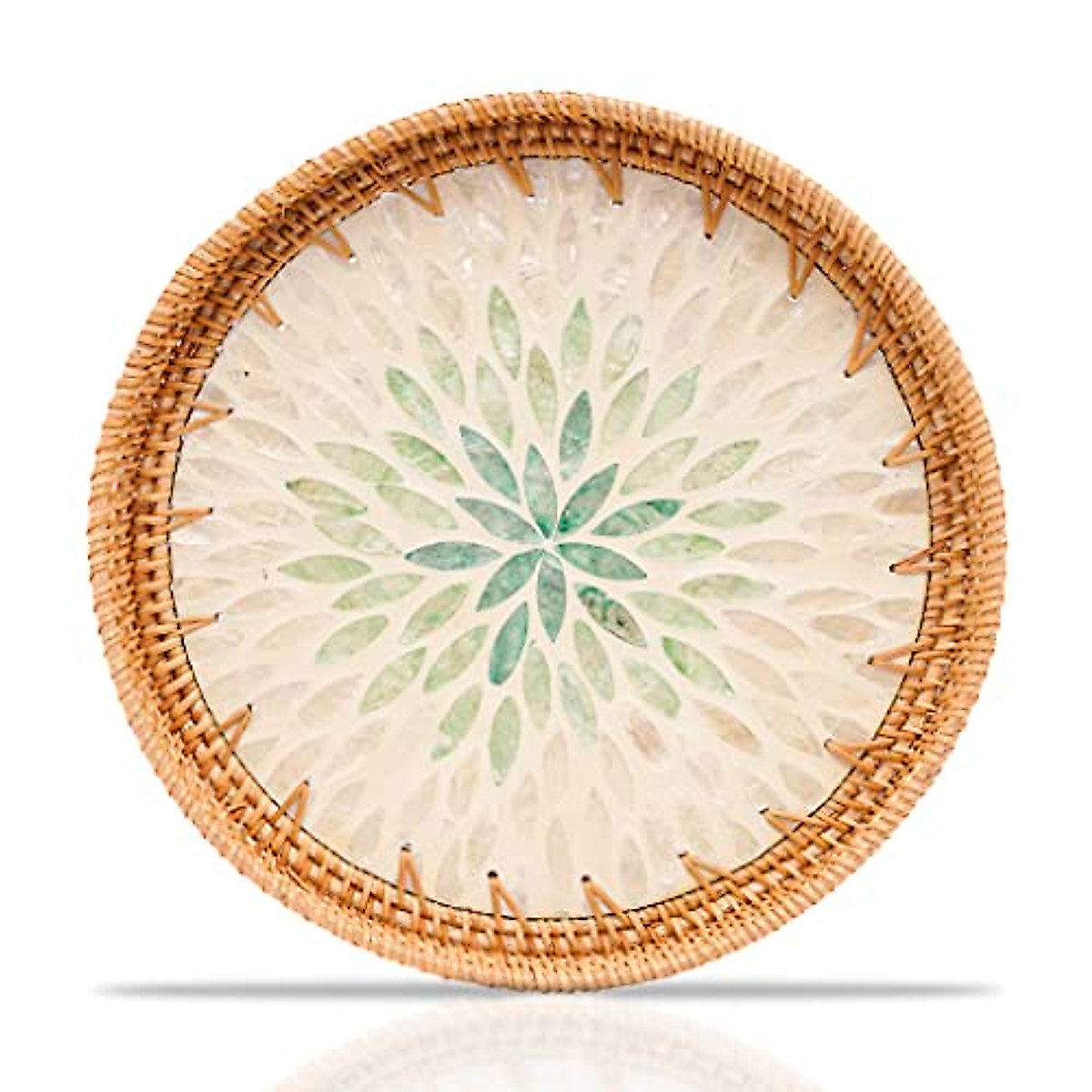 BemiaoCrafts Rattan Tray with Mother of Pearl Inlay Wooden Base, Lacquer Serving Basket for Breakfast, Food, Round Tray as Coffee Table Decor, Mother of Pearl Decoration, Storage, Display