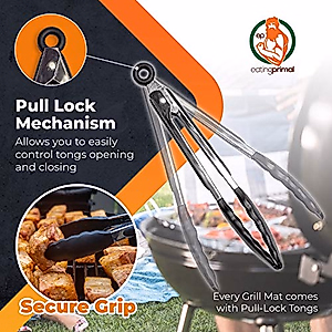 Grill Mat Set of 3 & 1 Silicone Tong (9 Inches) | Easy to Clean, Reusable, and Heavy Duty Non-Stick Kit | Grilling Mat Accessories Perfect for Gas, Electric & BBQ Charcoal Grills | 15.75x13.75 inches