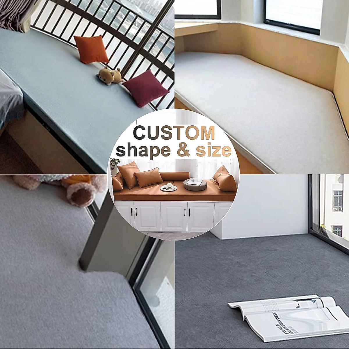 KaYomax Bay Window Cushion 3 inches Thickness Custom Home Kitchen Dining Room L-Shape Bench Seat Sofas Cushion Non-Slip Trapezoid Floor Seating Cushion Blue