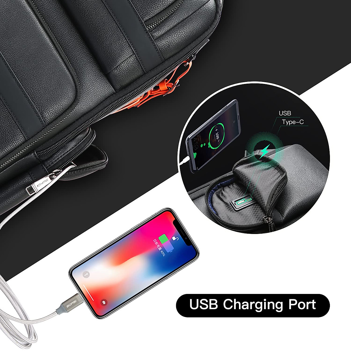 BOPAI 40L Genuine Business Leather Laptop Professional Backpack for Men 15.6 inch Computer with USB Charging Multi-Functional Large Capacity Travel Smart Work Rucksack Anti Theft Black