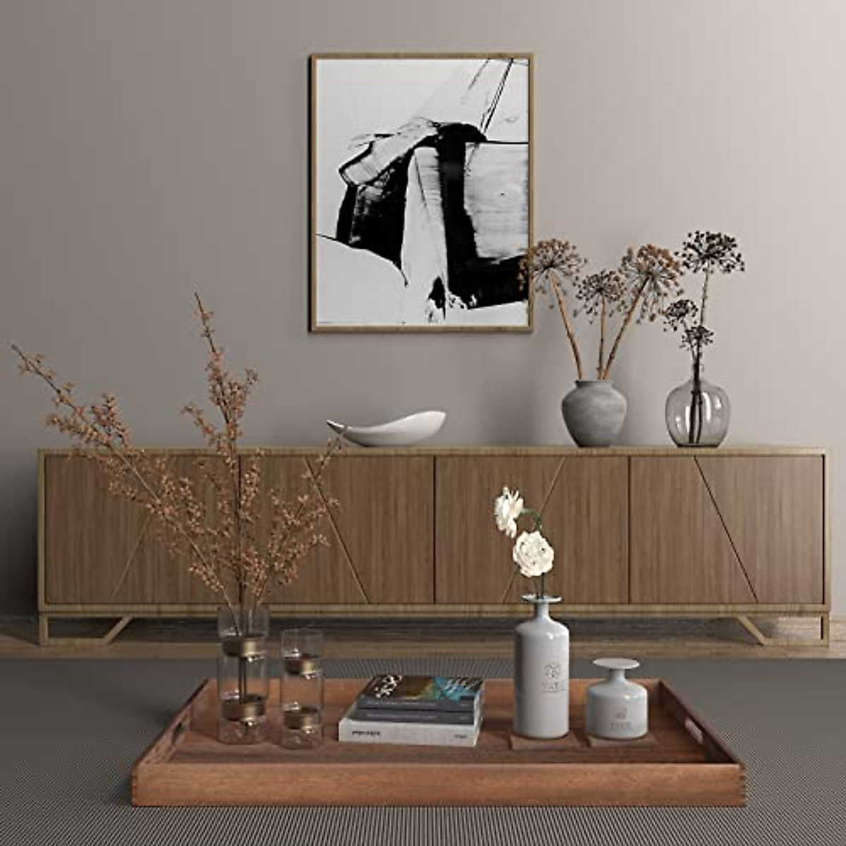 Nunemosk 28x18 inches Large Rectangle Ottoman Table Tray Wooden Solid Rectangle Serving Tray with Handle Black Walnut Platter Decorative Tray, Home Breakfast in Bed, Including 4 Walnut Coaster