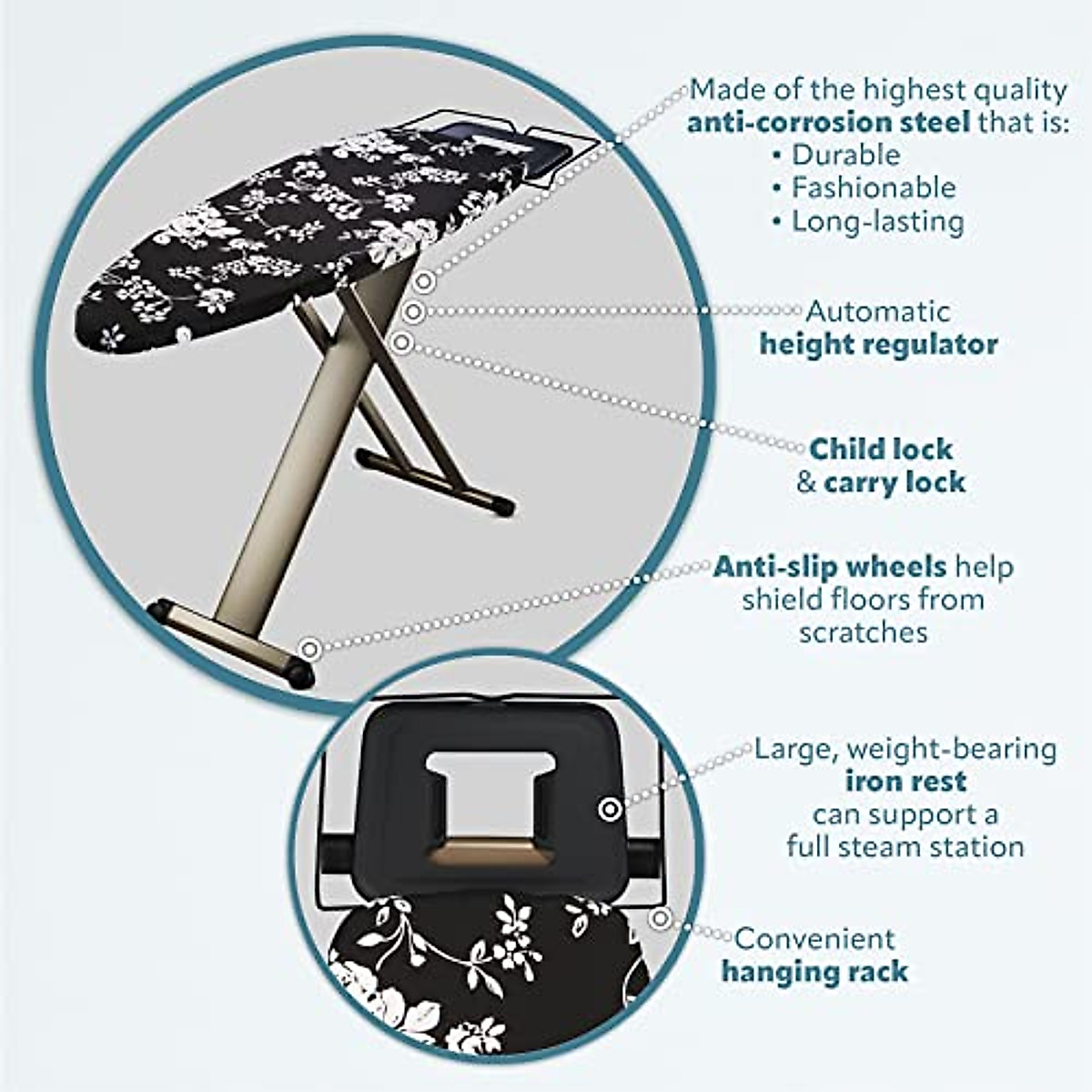 Bartnelli Pro Luxury Ironing Board - Extra Wide 51x19” with Heavy Duty Steam Iron Rest, and Wheels for Easy Storage, Adjustable Height, T-Leg, Foldable, European Made