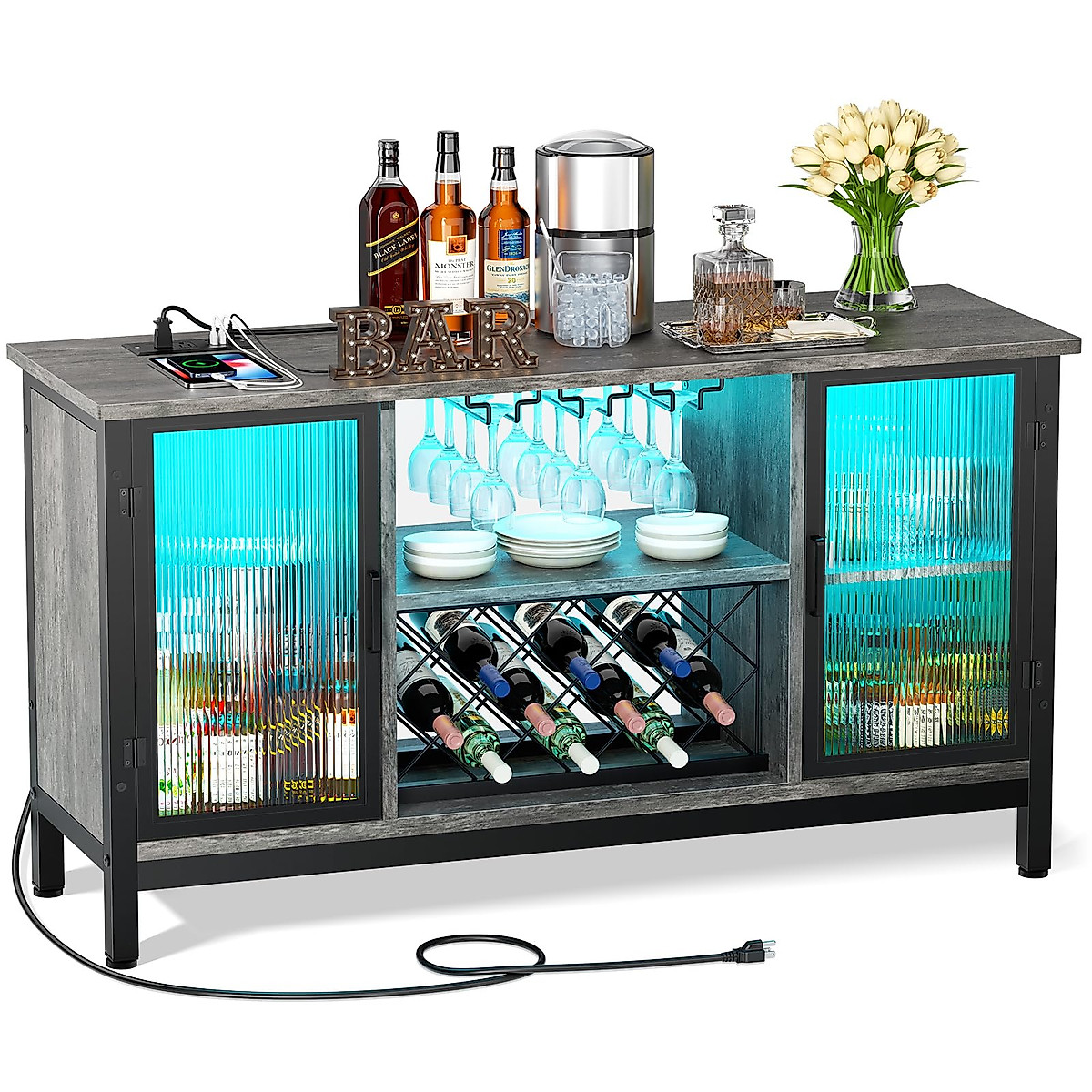 Zarler Bar Table Cabinet with Power Outlet and Light, LED Wine Bar Stand for Liquor and Glasses, Metal Home Mini Bar with 4-Tier Storage (Dark Grey), 13.4″D x 47″ W x 29.5″H, WBC001