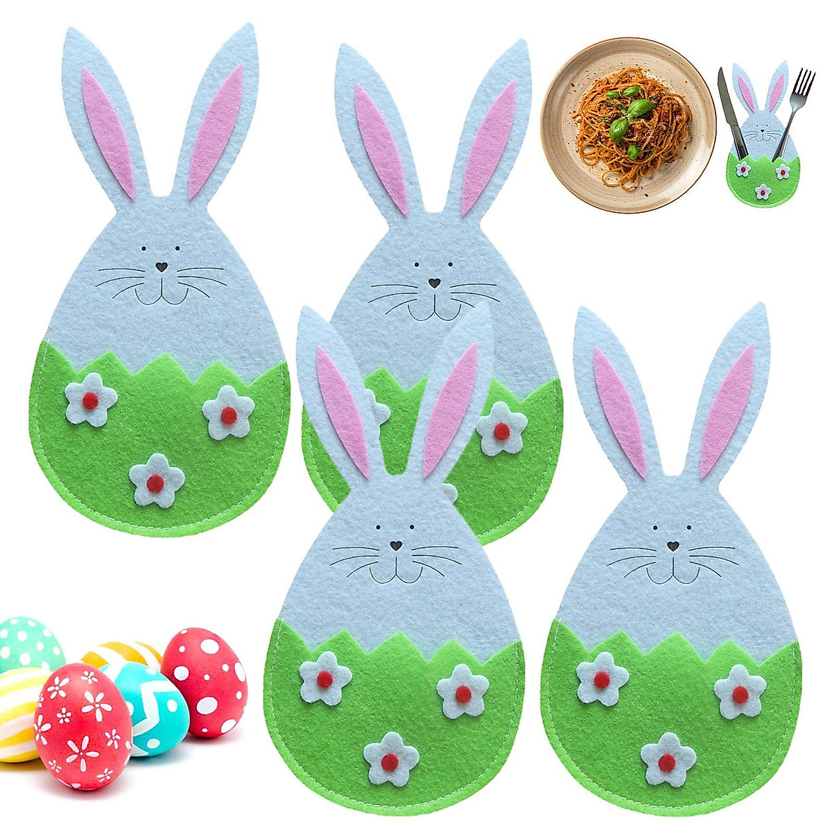 Shujing Easter Silverware Holder Pocket | Easter Bunny Felt Kitchen Utensil Holder | DIY Kitchen Cutlery Holders for Easter Thanksgiving New Year