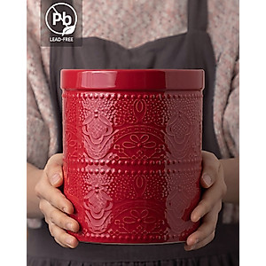 FUN ELEMENTS Kitchen Utensil Holder, 7.2" Super Large Utensil Crock Heavy and Stable Lace Emboss Ceramic Utensil Holder for Kitchen Counter (Christmas Red)