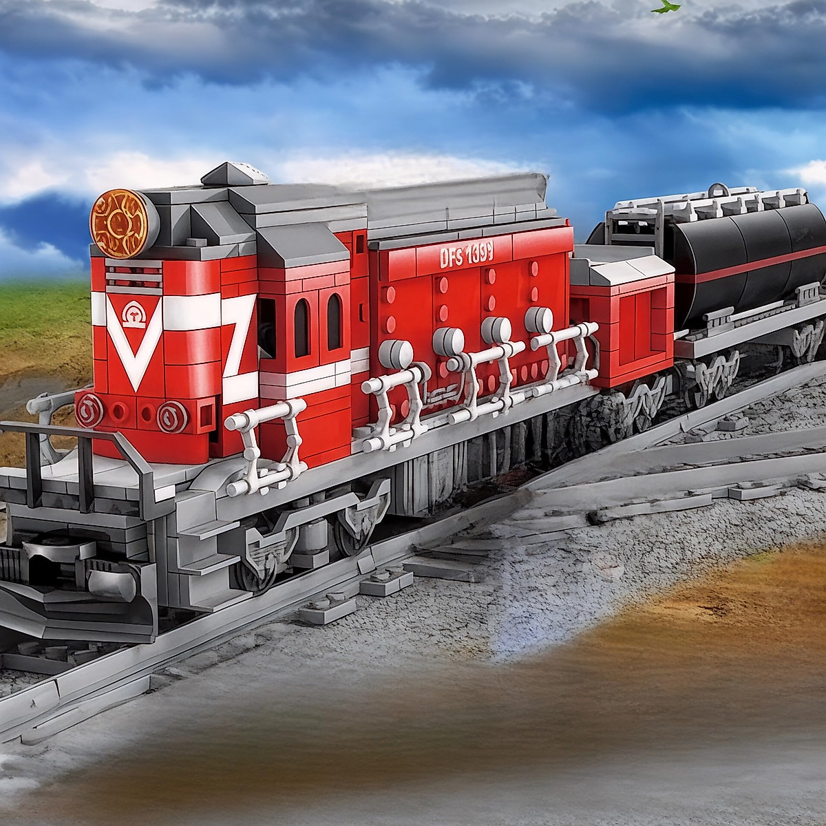 General Jim's Red Diesel Cargo Train Building Blocks Set - 1000+ Piece City Series with Automatic Running System, Railway Tracks, and Truck - Compatible with Major Brick Building Brands