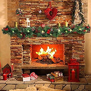 MorTime 9 FT LED Christmas Garland with Pinecones Red Berries Bows Christmas Balls Candies, Multi-Function Christmas Garland with 50 Warm White LED Lights, 180 Branch Tips