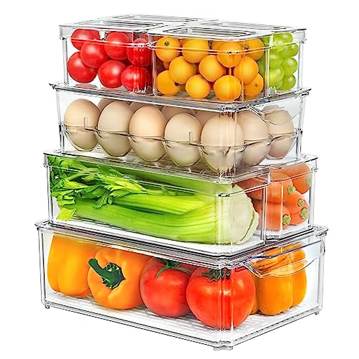 8 Pack Fridge Organizer with Egg Holder, Stackable Refrigerator Organizer Bins with Lids, Fruit Storage Containers for Fridge, BPA-Free Fridge Organizers and Storage Clear for Fruits, Vegetable, Food