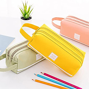 Rolin Roly Yellow Pencil Case Lager Capacity Pen Bag Stationery Storage Case Double Zipper Canvas Pen Box with Handle Organizer Makeup Cosmetics Adults Students Business Office