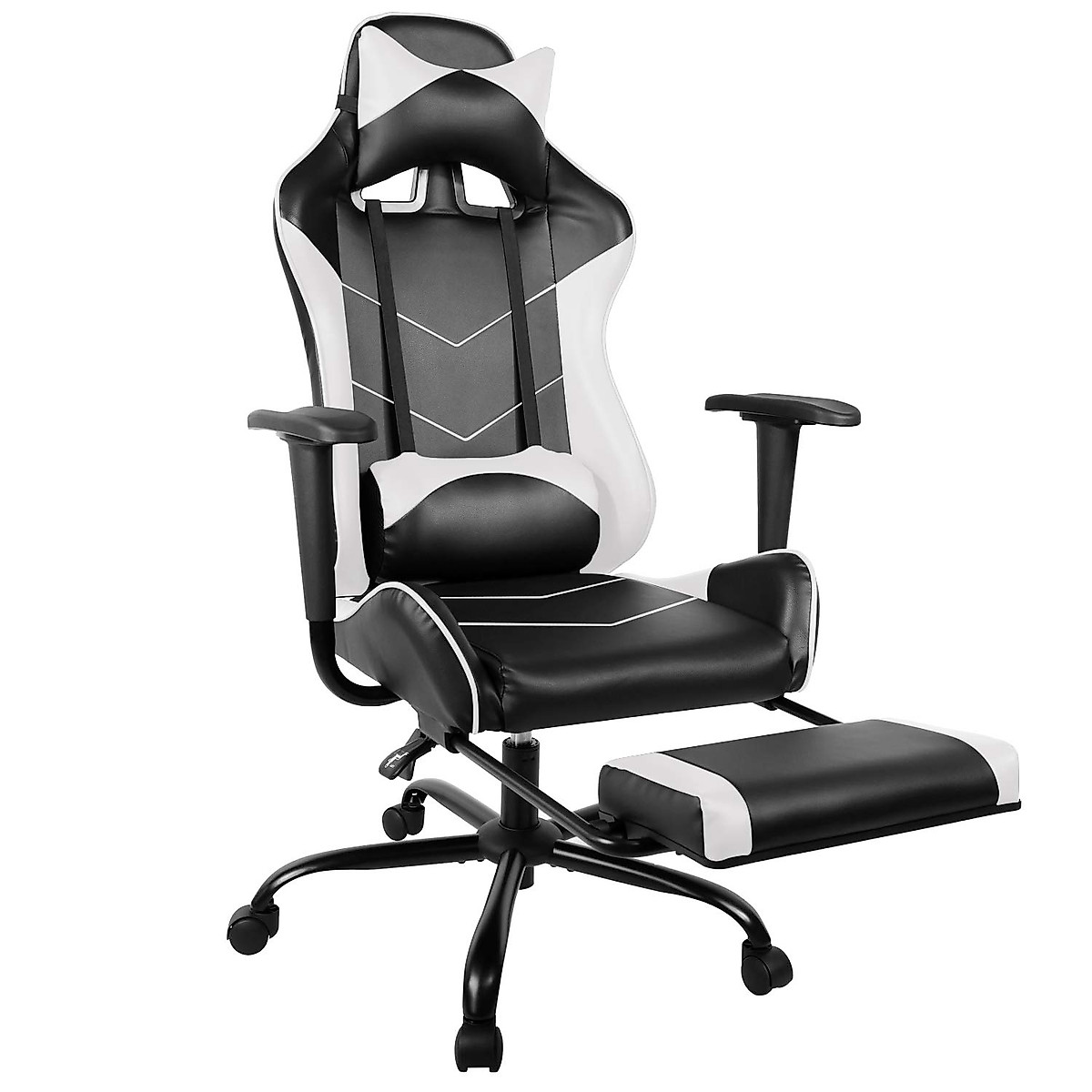 Gaming Chair PU Leather Racing Chair with Footrest, High Back Recliner Swivel Office Chair Headrest Ergonomic Lumbar Support Desk Chair, Executive Task Computer Chairs, White