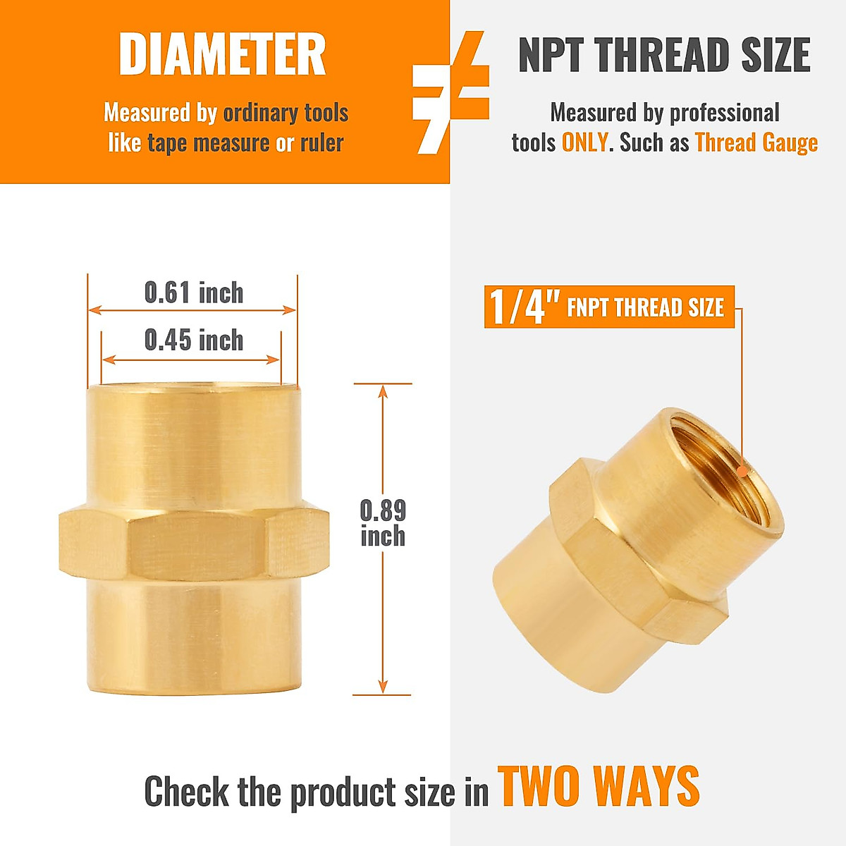Pipe Fitting, SUNGATOR Brass Air Fitting, Coupling, 1/4" x 1/4" Female Pipe, Air Hose Fittings, Air Tool Fittings (2-Pack)