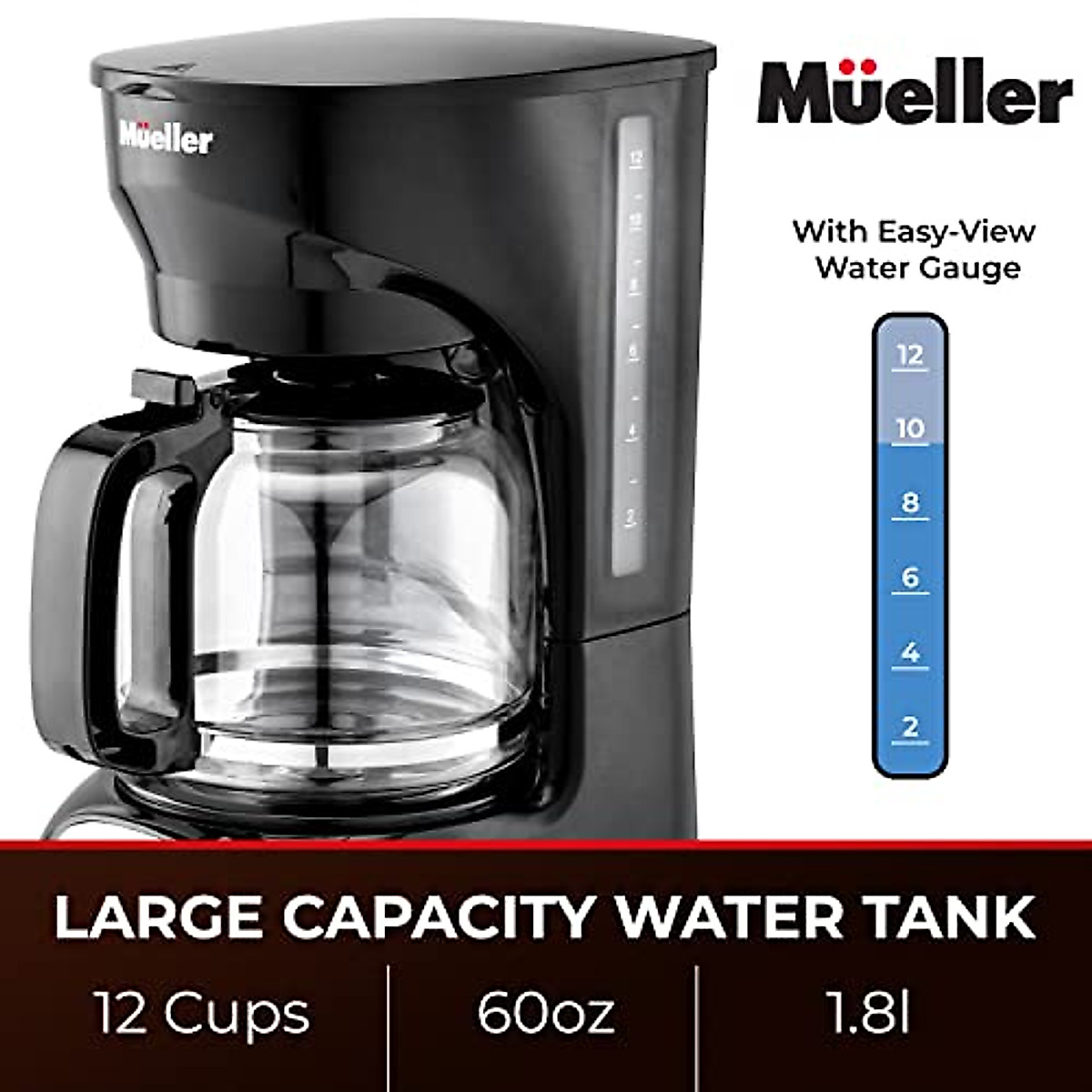 Mueller 12-Cup Drip Coffee Maker with Permanent Filter and Borosilicate Glass Carafe, Auto Keep Warm Function, Clear Water Level Window Coffee Machine