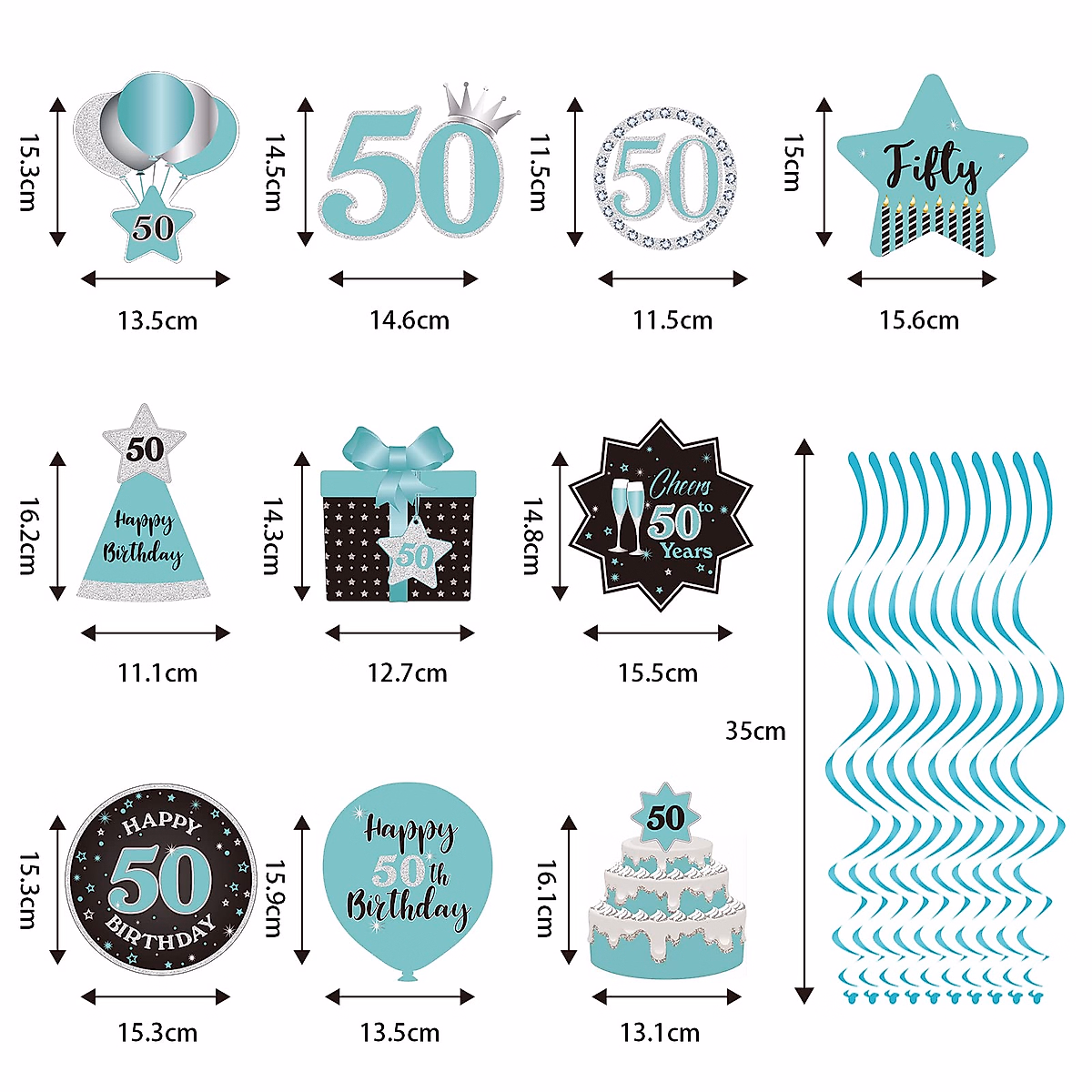 Happy 50th Birthday Party Hanging Swirls Streams Ceiling Decorations, Celebration 50th Foil Hanging Swirls with Cutouts for 50 Years Teal Silver Black Blue Birthday Party Decorations Supplies